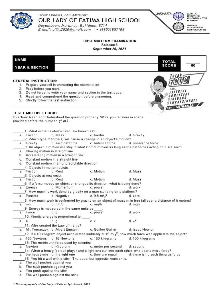 First Midterm Examination | PDF | Force | Mass