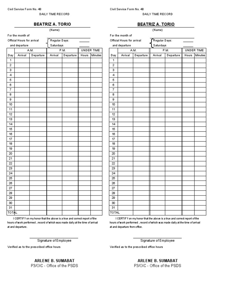 Daily Time Record Form Template | PDF | Signature | Authentication
