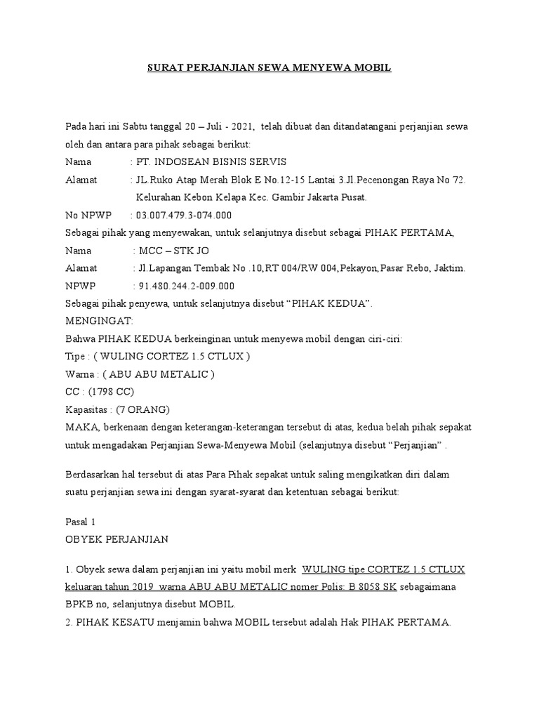 Surat Perjanjian Sewa Menyewa Mobil | PDF