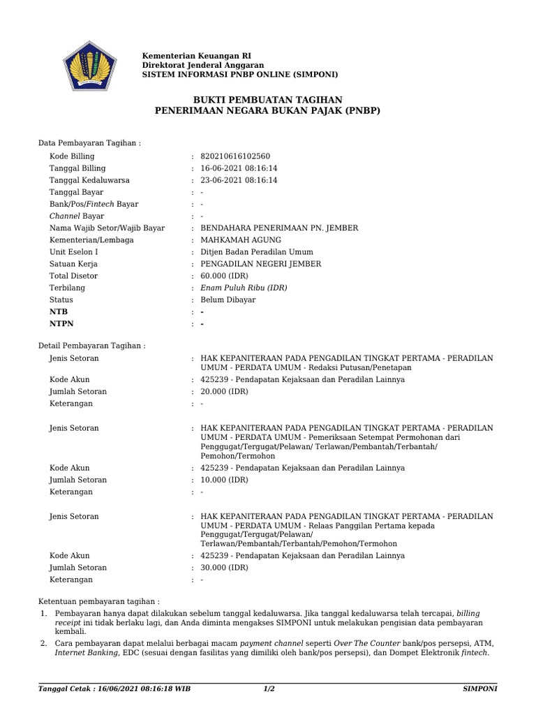 Bukti Pembayaran PNBP | PDF