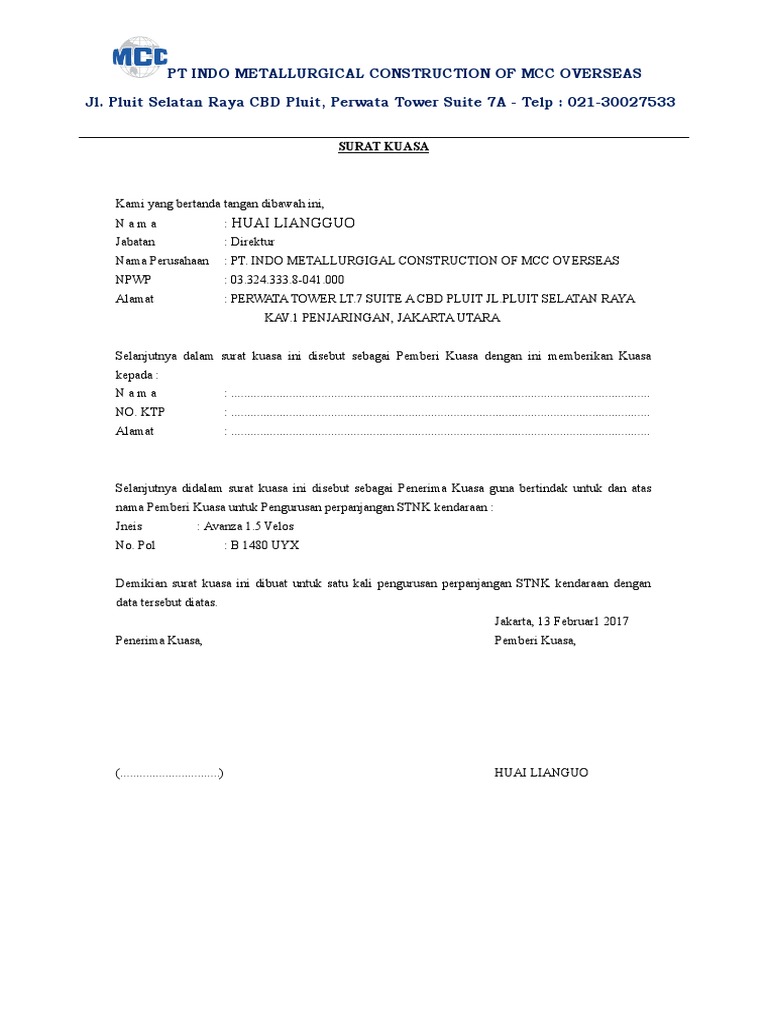 Surat Kuasa Perpanjangan STNK Kendaraan | PDF | Pengelolaan Keuangan ...