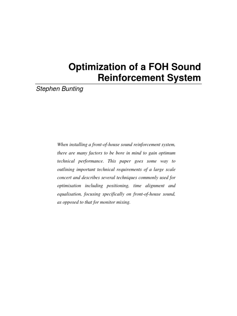 Sthephen Bunting - FOH Sound Reinforcement Optimization | PDF | Equalization (Audio) | Loudspeaker