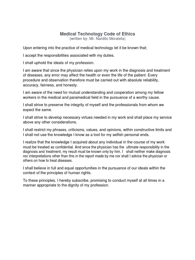 Medical Technology Code of Ethics | PDF