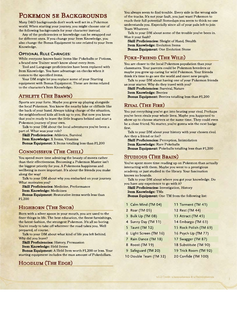 Pokemon 5e - Backgrounds | PDF