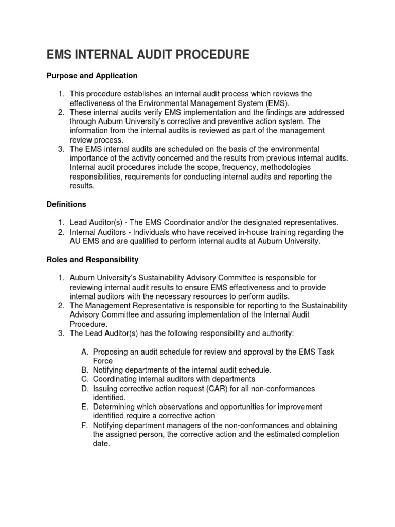 EMS Internal Audit Procedure Guide | PDF | Audit | Internal Audit