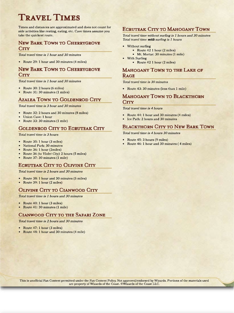 Pokemon 5e - Johto Travel Times | PDF