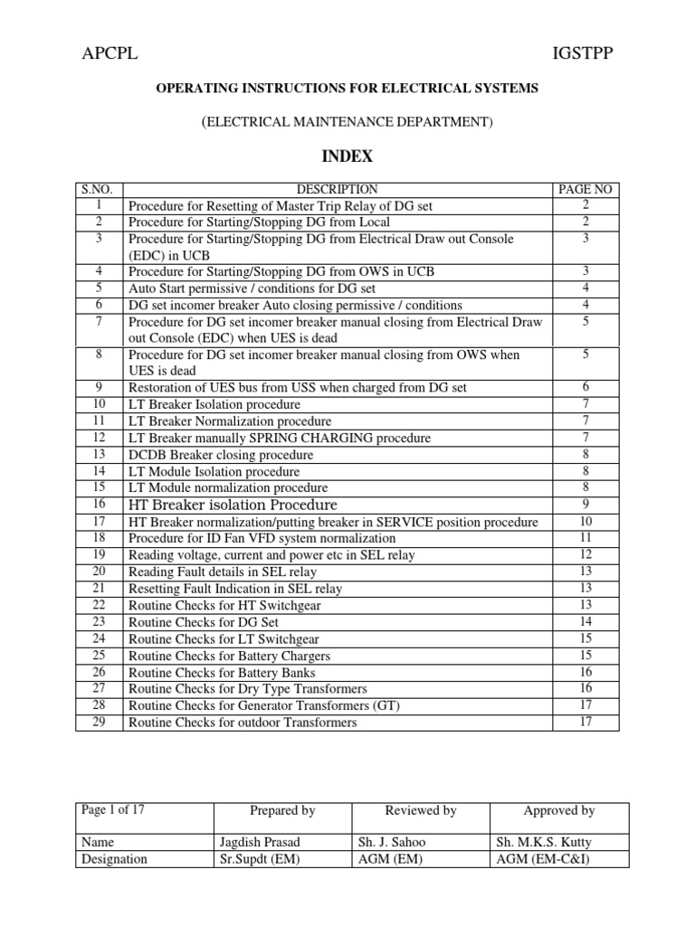 Electrical System Operating Procedure | PDF | Fuse (Electrical ...