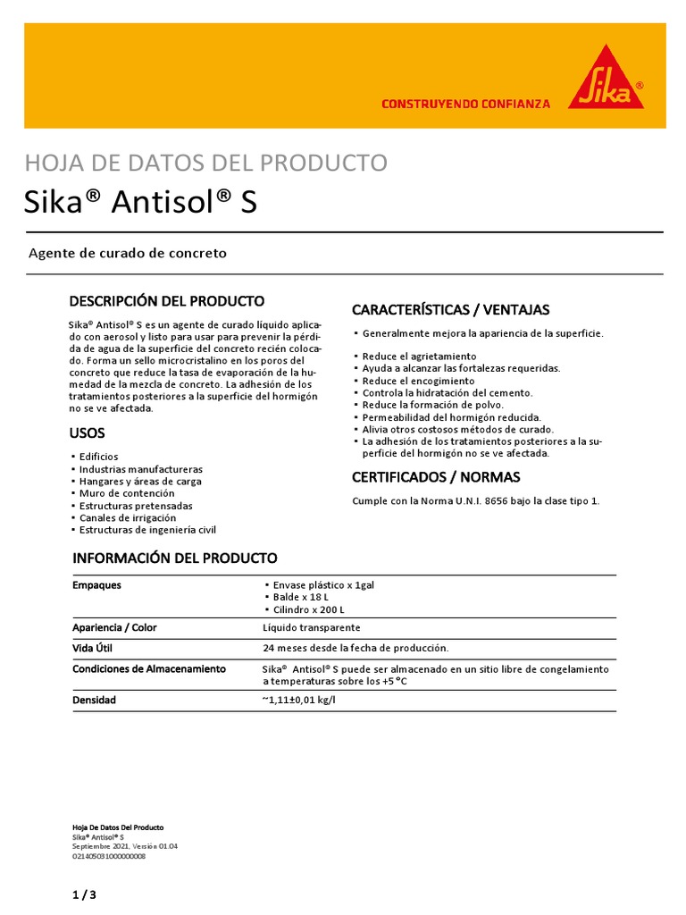 05 Ficha Tecnica Antisol Sika | PDF | Hormigón | Materiales