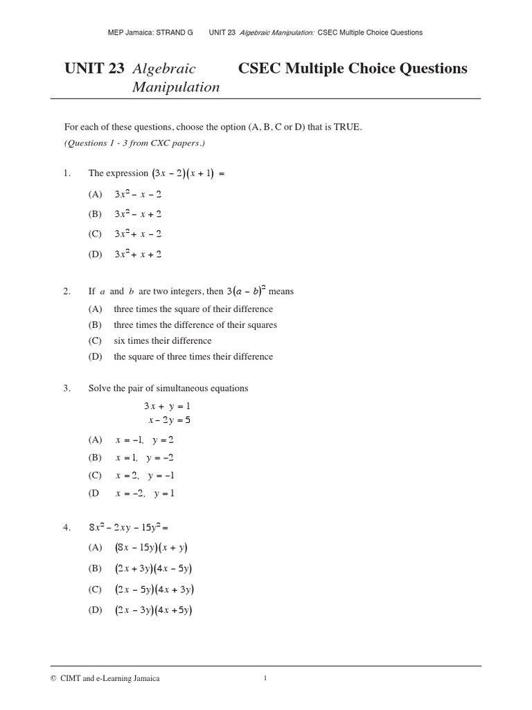 Manipulation: UNIT 23 Algebraic CSEC Multiple Choice Questions | PDF ...