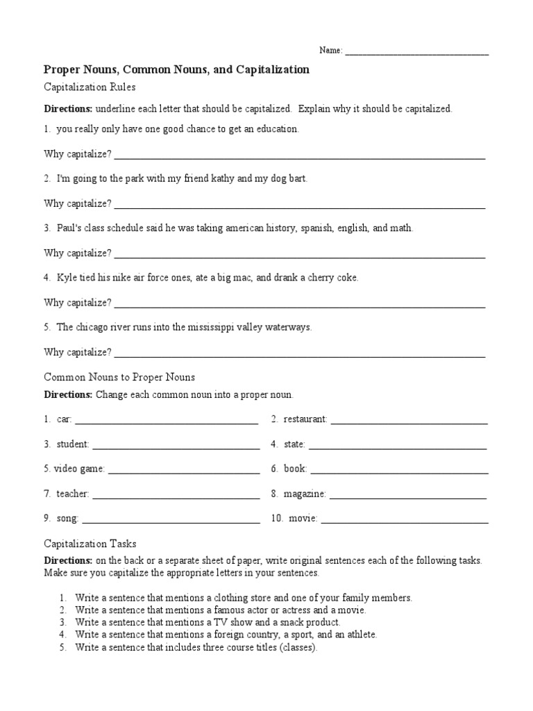 Common and Proper Nouns and Capitalization Worksheet | PDF