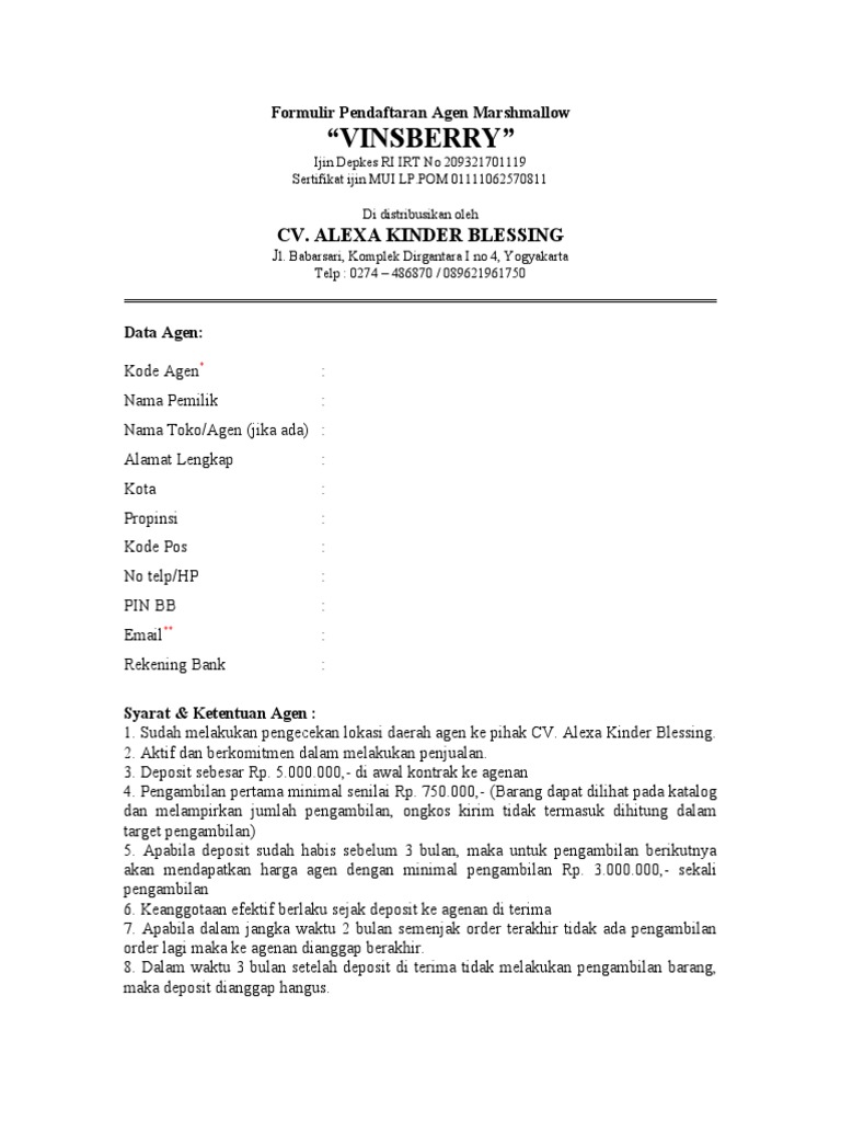 Formulir Pendaftaran Agen Marshmallow | PDF