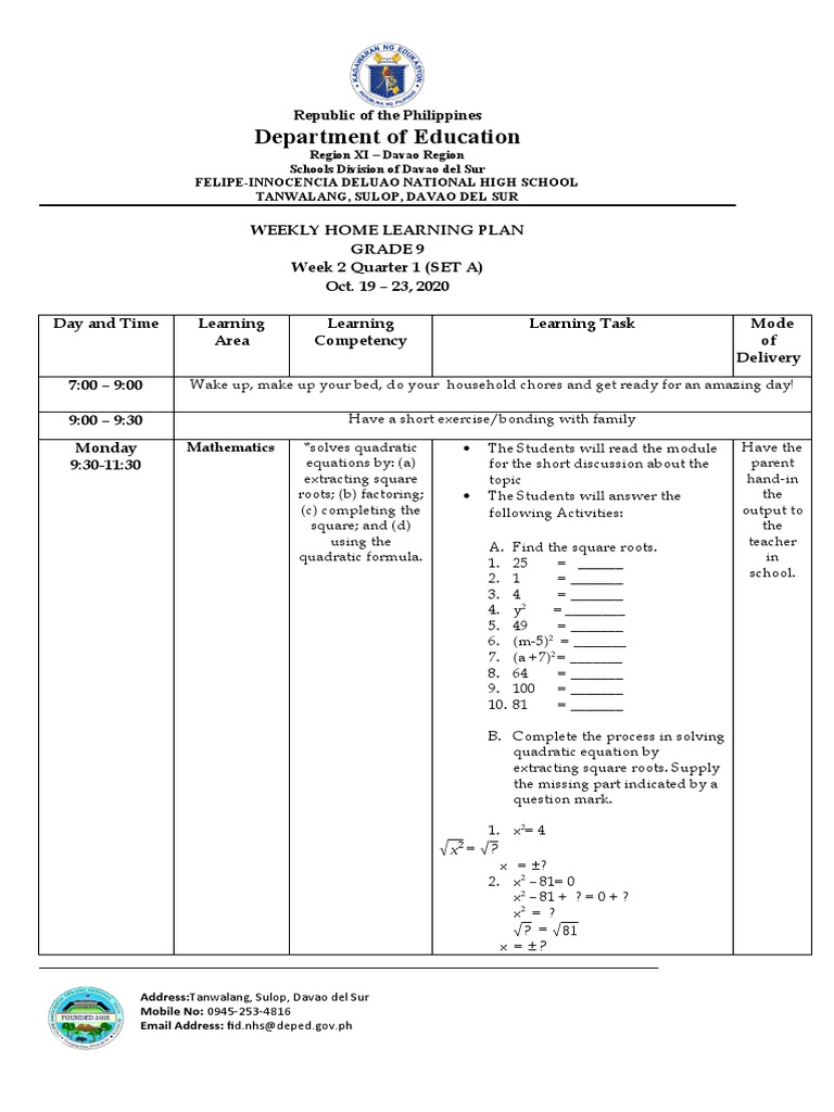 Week2sSETAwork Weekly Plan Grade 9 | PDF | Quadratic Equation | Mathematics