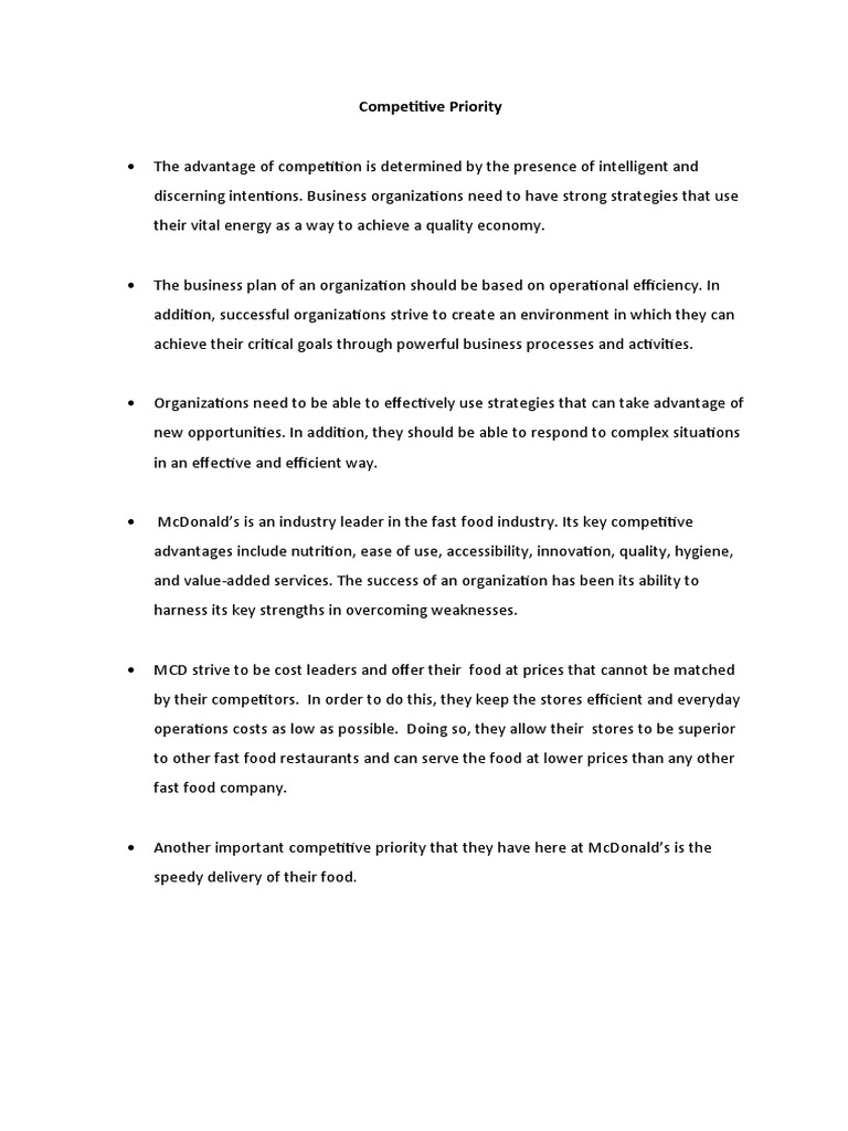 Competitive Priority | PDF | Fast Food Restaurants | Supply Chain