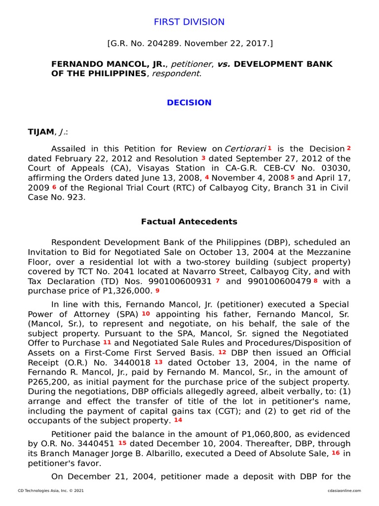Petitioner Respondent: Fernando Mancol, JR., Development Bank of The ...
