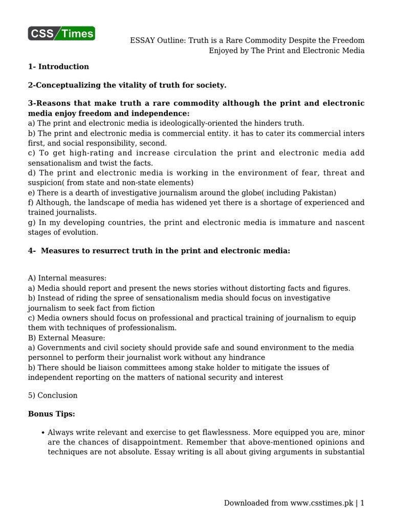 ESSAY Outline - Truth Is A Rare Commodity Despite The Freedom Enjoyed ...