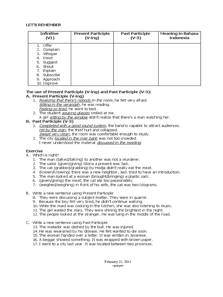 Present And Past Participles Worksheets