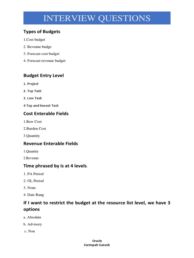 Interview Questions: Types of Budgets | PDF | Budget | Cost
