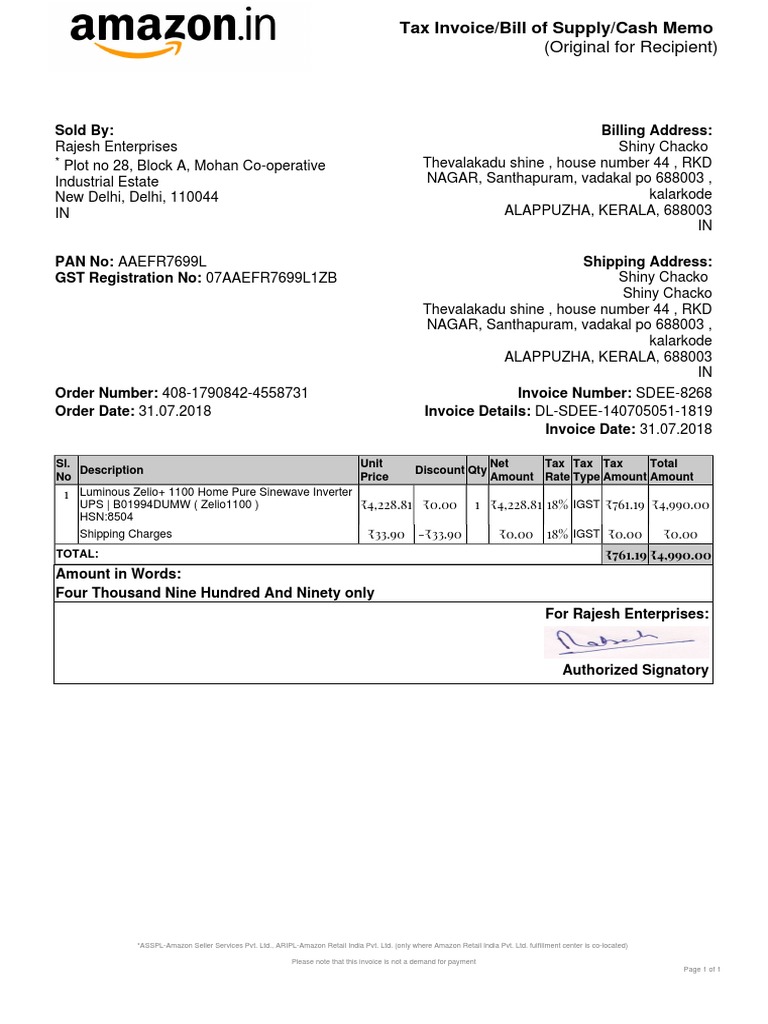 Invoice for the Sale of a Luminous Zelio+ 1100 Home Pure Sinewave ...