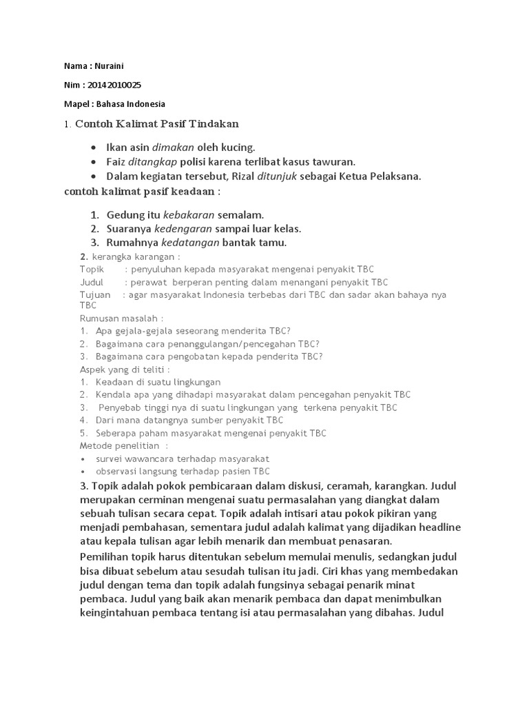 Contoh Kalimat Pasif Tindakan: Nama: Nuraini Nim: 20142010025 Mapel ...