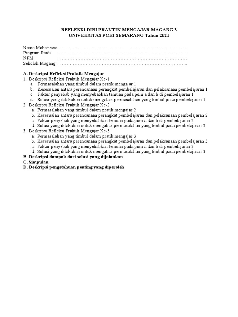Format Refleksi Diri Praktik Mengajar Magang 3 | PDF