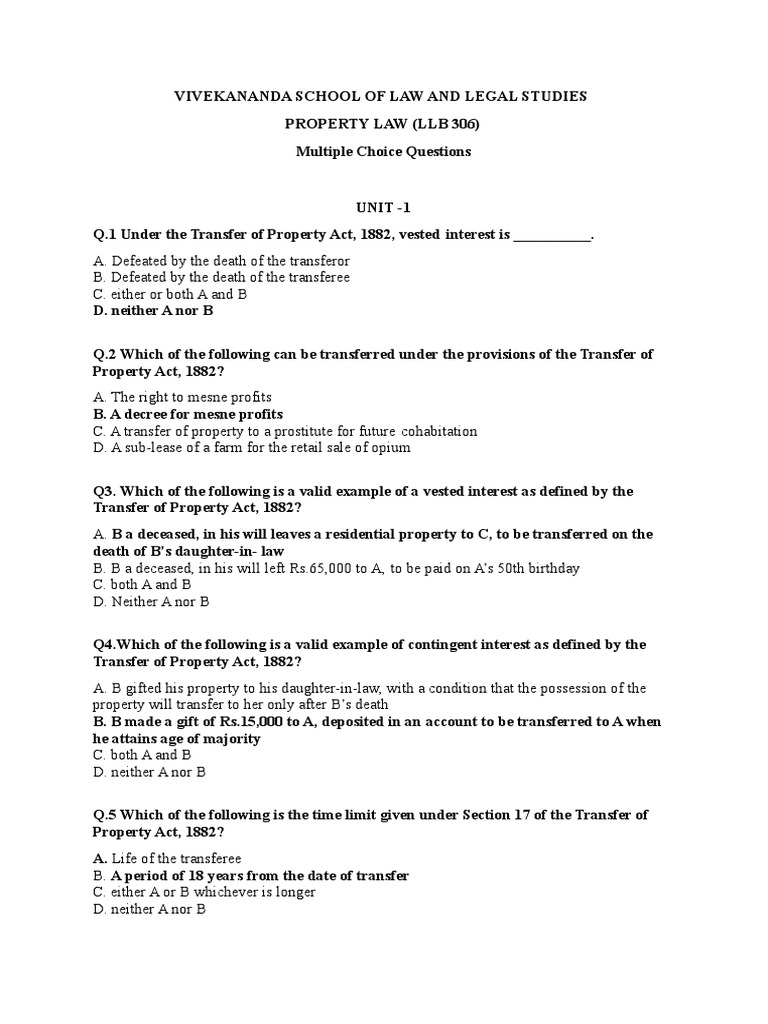 MCQs Property Law | Download Free PDF | Mortgage Law | Lease