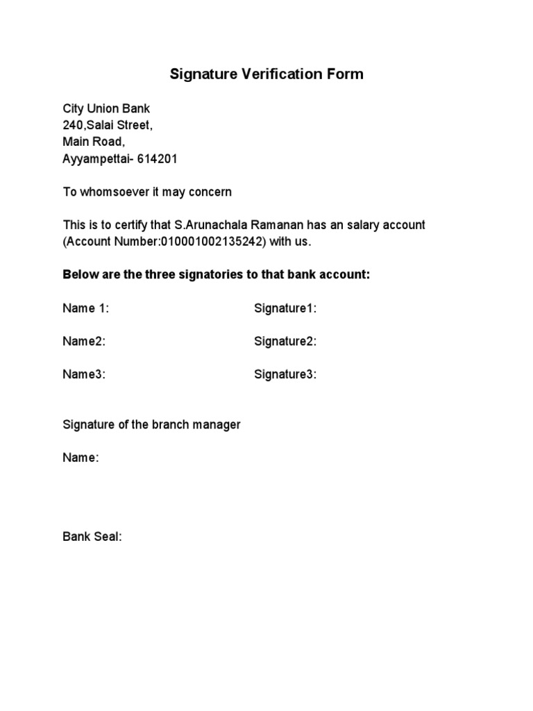 City Union Bank Signature Verification | PDF
