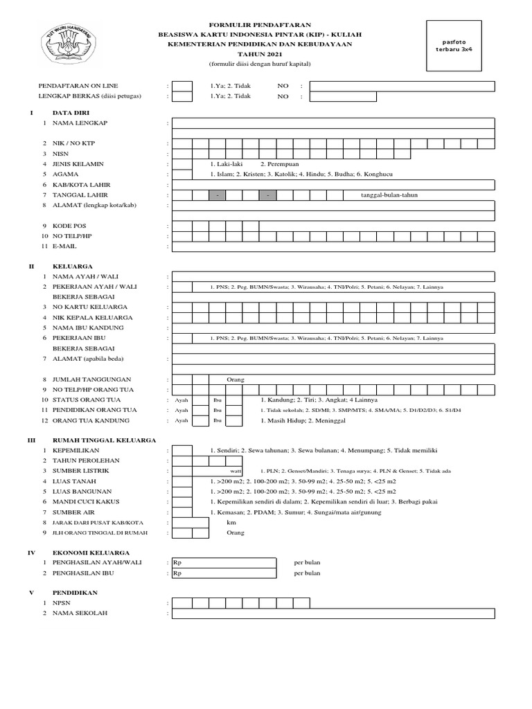 Formulir Pendaftaran KIP KULIAH | PDF