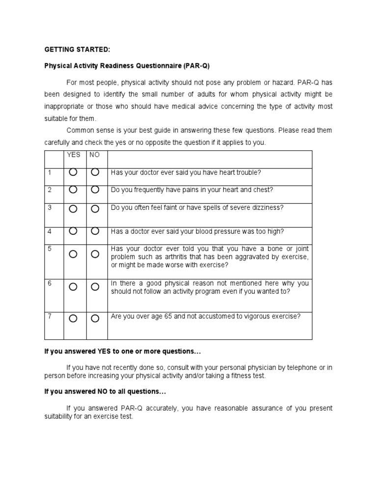 Getting Started: Physical Activity Readiness Questionnaire (PAR-Q ...