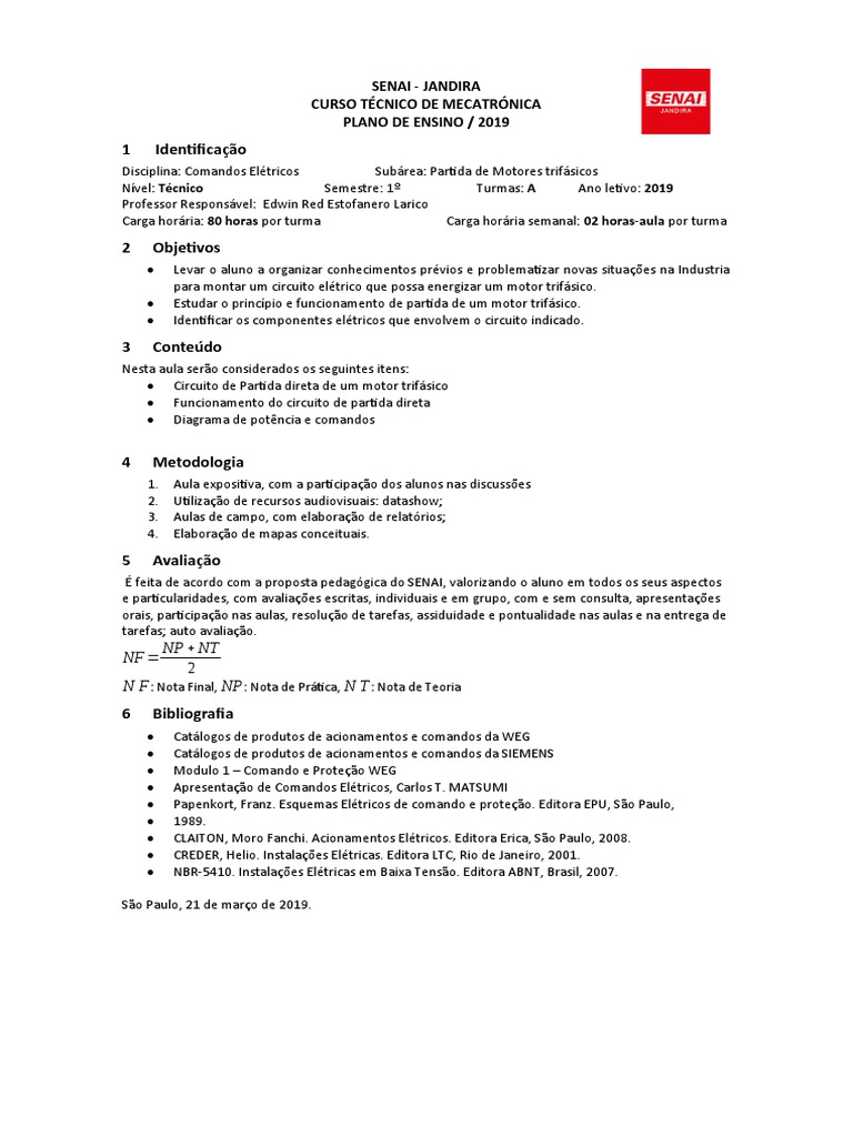 Plano De Ensino Para Partida De Motores Trifásicos No Curso Técnico De