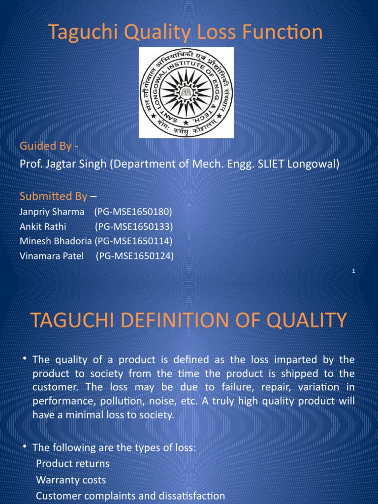 Taguchi Quality Loss Function: Guided by | PDF | Engineering Tolerance ...