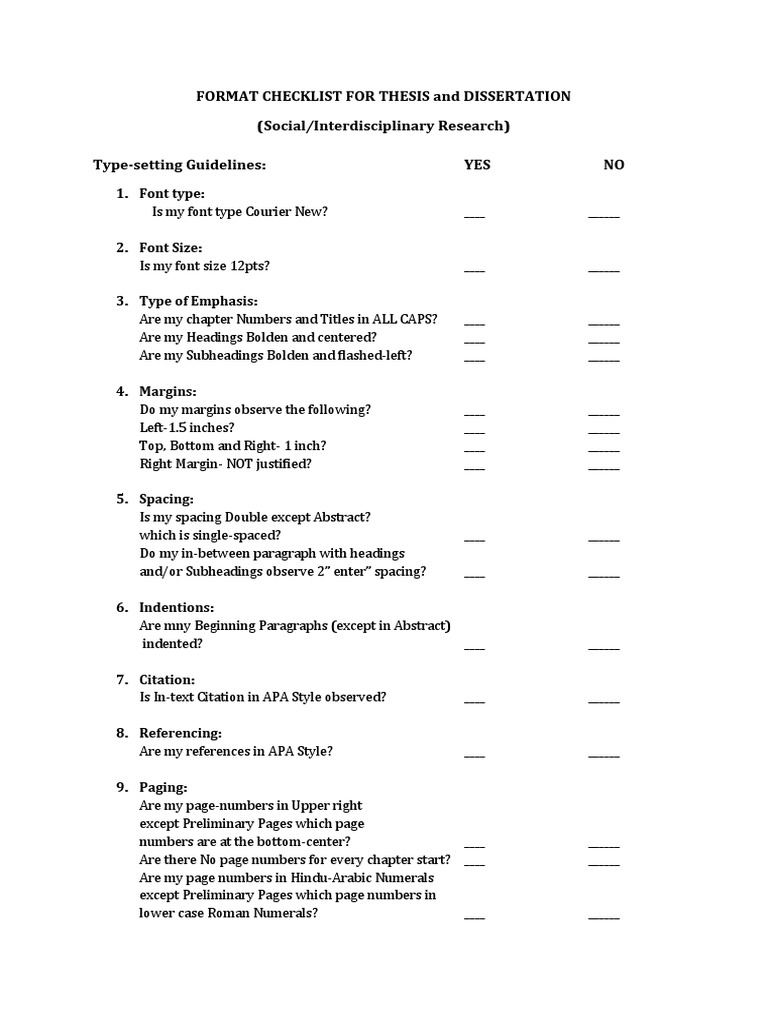 Format Checklist For Thesis and Dissertation (Social/Interdisciplinary Research) Type-Setting ...