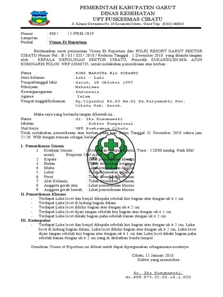 Contoh Visum Luka Memar dan Lecet | PDF | Kesehatan Holistik