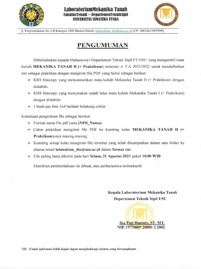 Pengumuman Pendaftaran Lab Mektan II | PDF