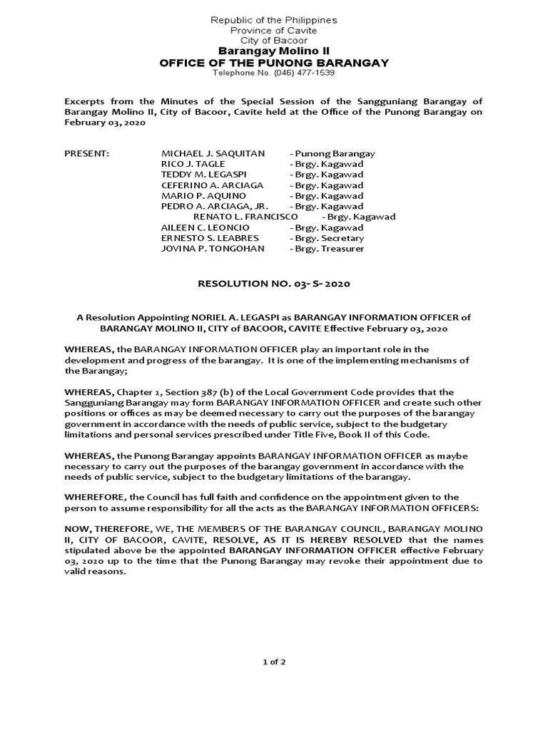Resolution No. 03-S-2020 Appointing Barangay Information Officer | PDF ...