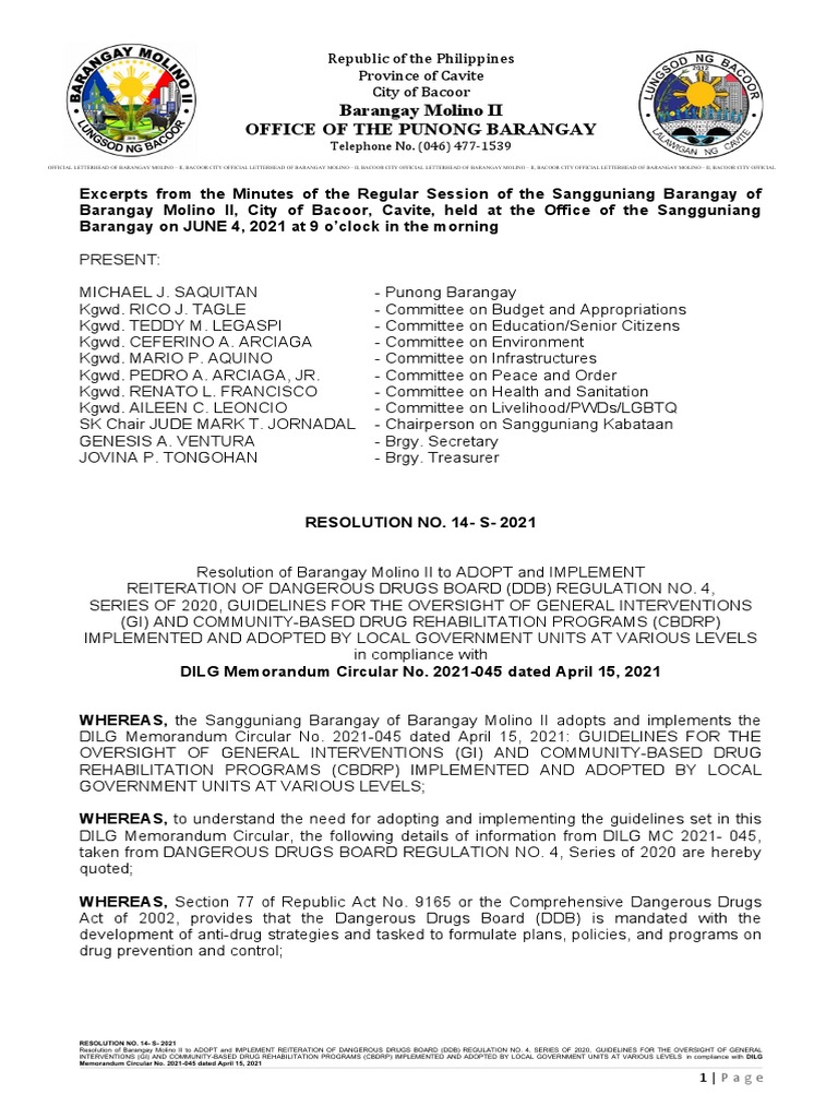 Resolution No. 14 S 2021 Dangerous Drugs Board Dilg MC 2021-045 | PDF ...