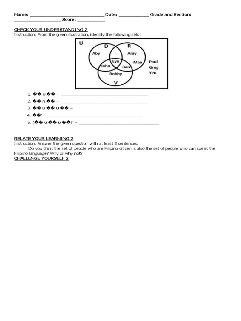 Activity On Venn Diagram and Set Operation | PDF