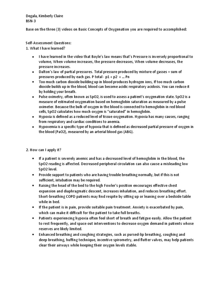 Basic Oxygenation Concepts in Nursing | PDF | Hypoxia (Medical) | Breathing