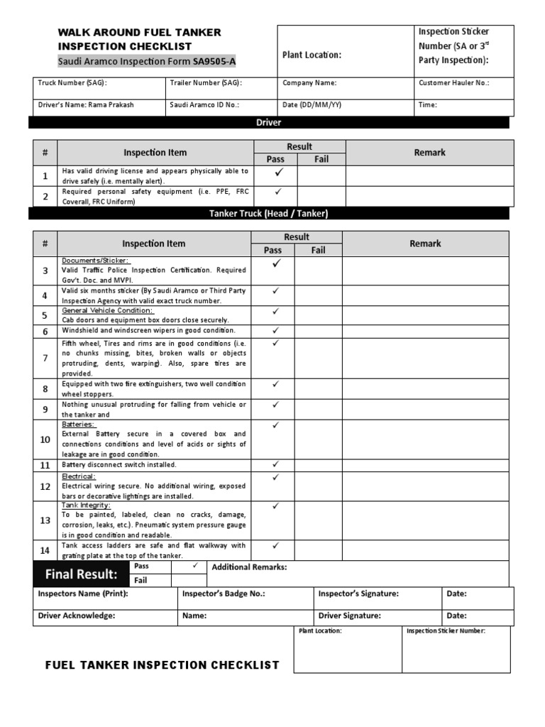 SA 9505 Fuel Tanker Inspection Checklist | PDF | Pipe (Fluid Conveyance ...