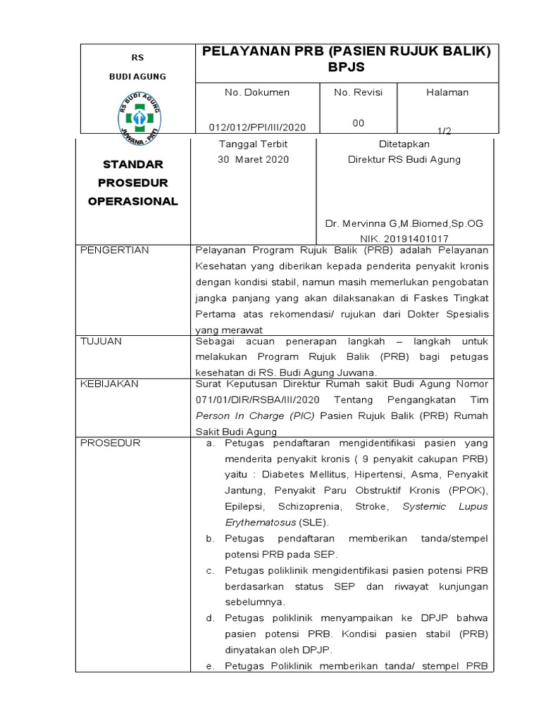 Pelayanan PRB (Pasien Rujuk Balik) BPJS: Standar Prosedur Operasional | PDF