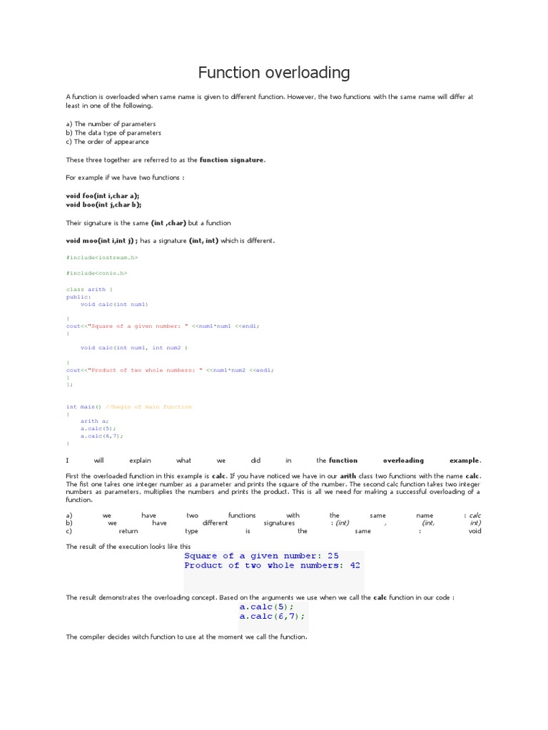Function Overloading Void Foo Int I Char A Void Boo Int J Char B Pdf Parameter