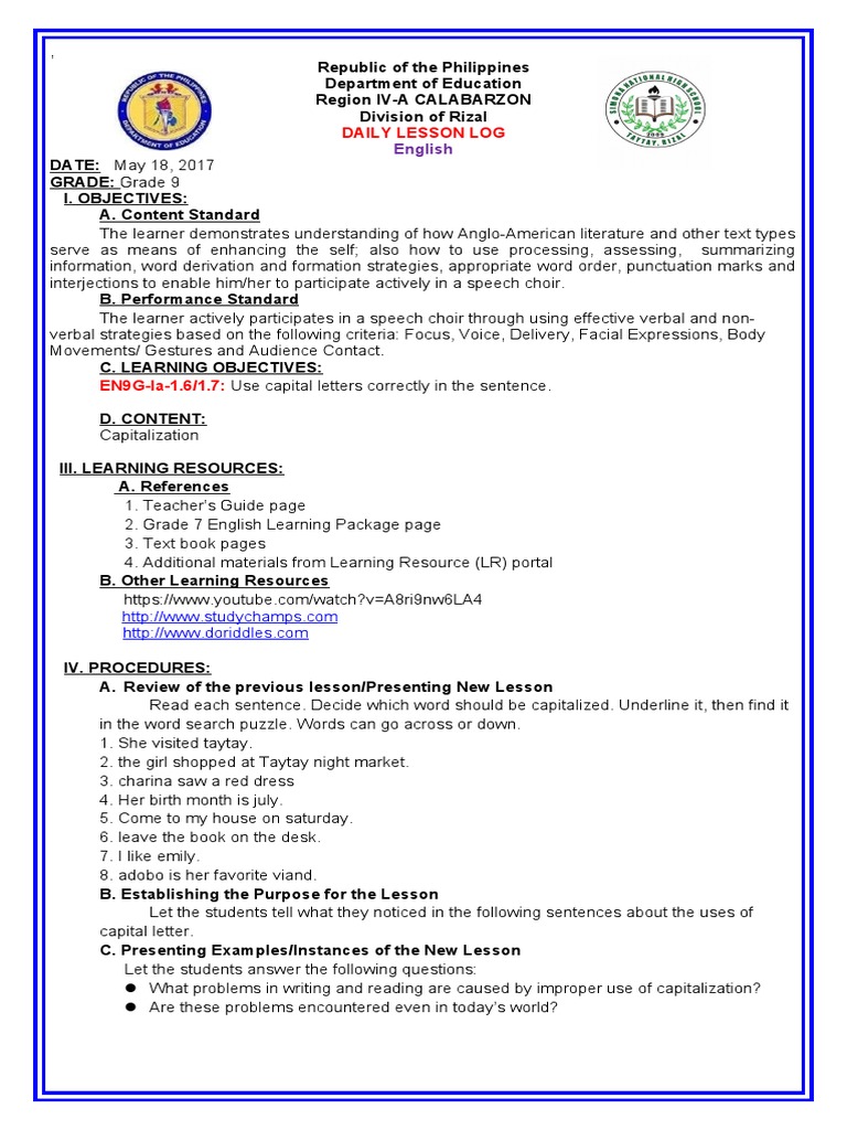 LESSON PLAN - Capitalization | PDF | Learning | Lesson Plan