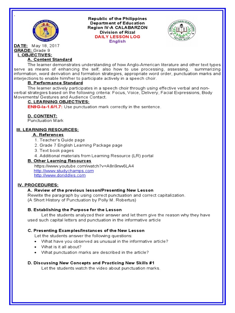 LESSON PLAN - Punctuation Mark | PDF | Comma | Punctuation