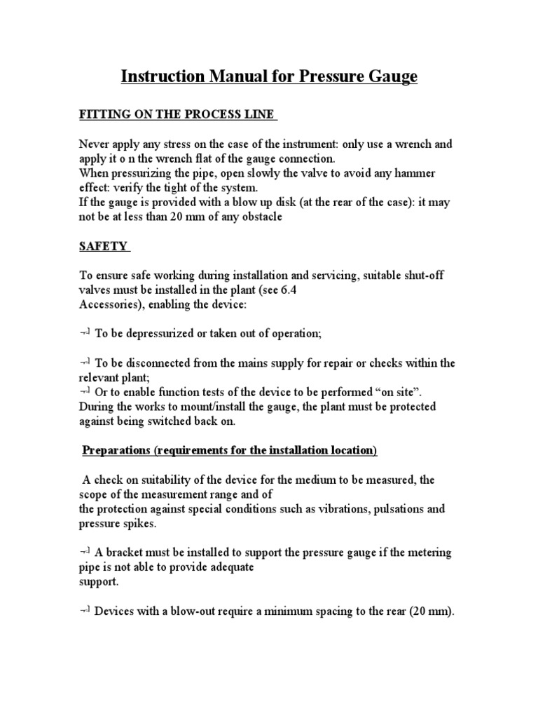 Instruction Manual For Pressure Gauge | PDF | Pressure Measurement ...