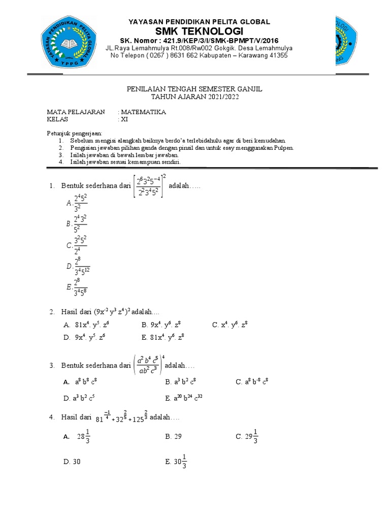 PTS MTK X 2021 2022 Ganjil | PDF