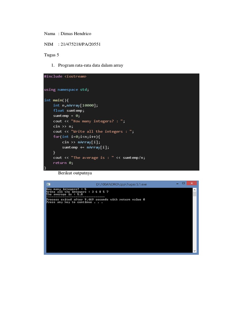 Nama: Dimas Hendrico NIM: 21/475218/PA/20551 Tugas 5 1. Program Rata-Rata Data Dalam Array | PDF ...