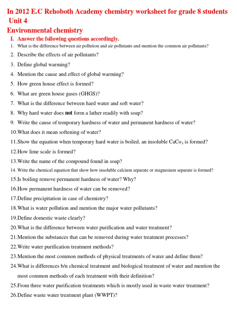 In 2012 E.C Rehoboth Academy Chemistry Worksheet For Grade 8 Students ...