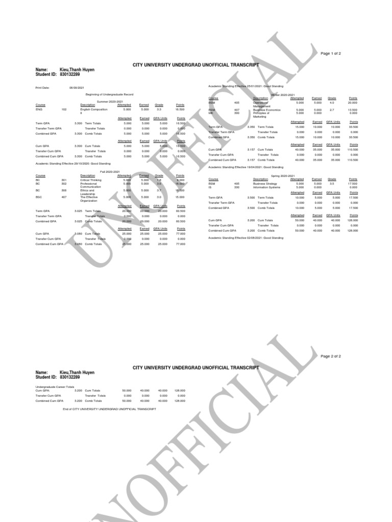 Unofficial Unofficial: City University Undergrad Unofficial Transcript ...