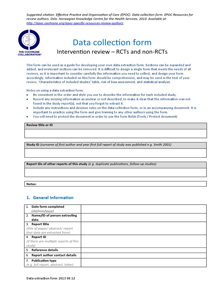 Data Collection Form: Intervention Review - Rcts and Non-Rcts | PDF ...