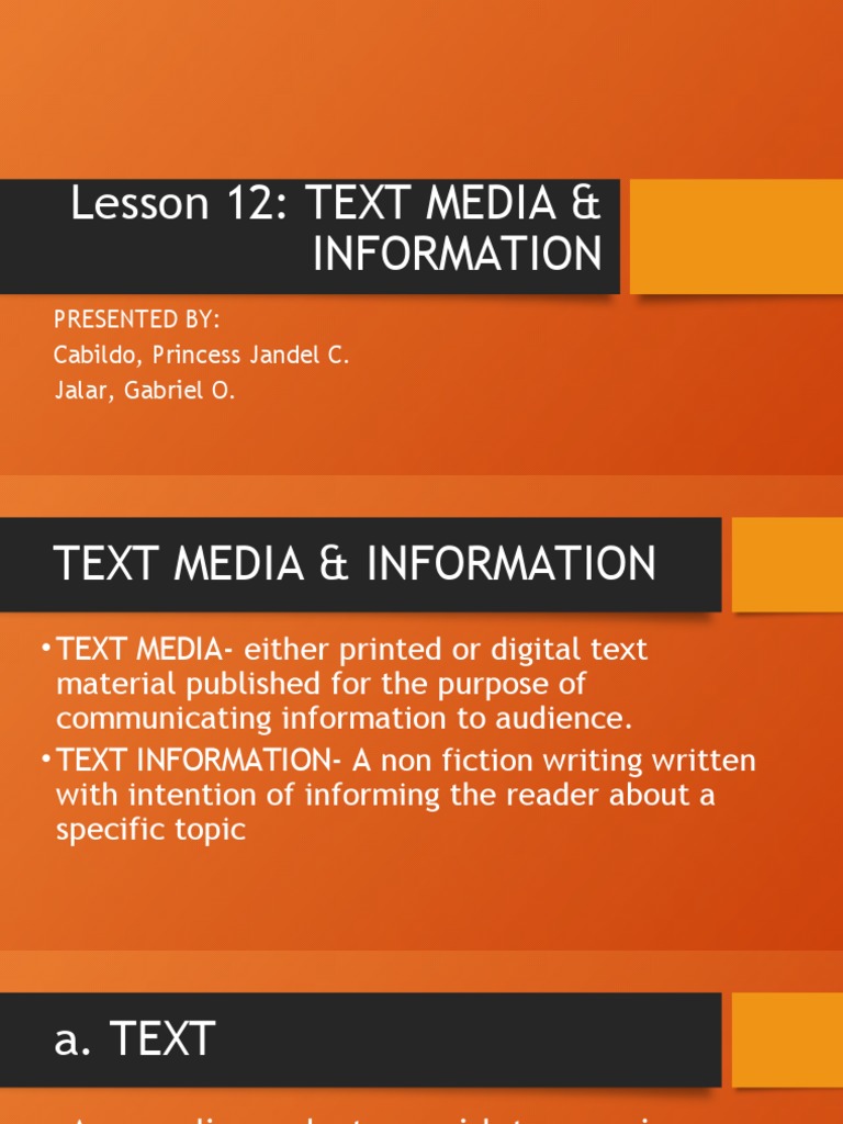 Lesson 12: TEXT MEDIA & Information: Presented By: Cabildo, Princess ...