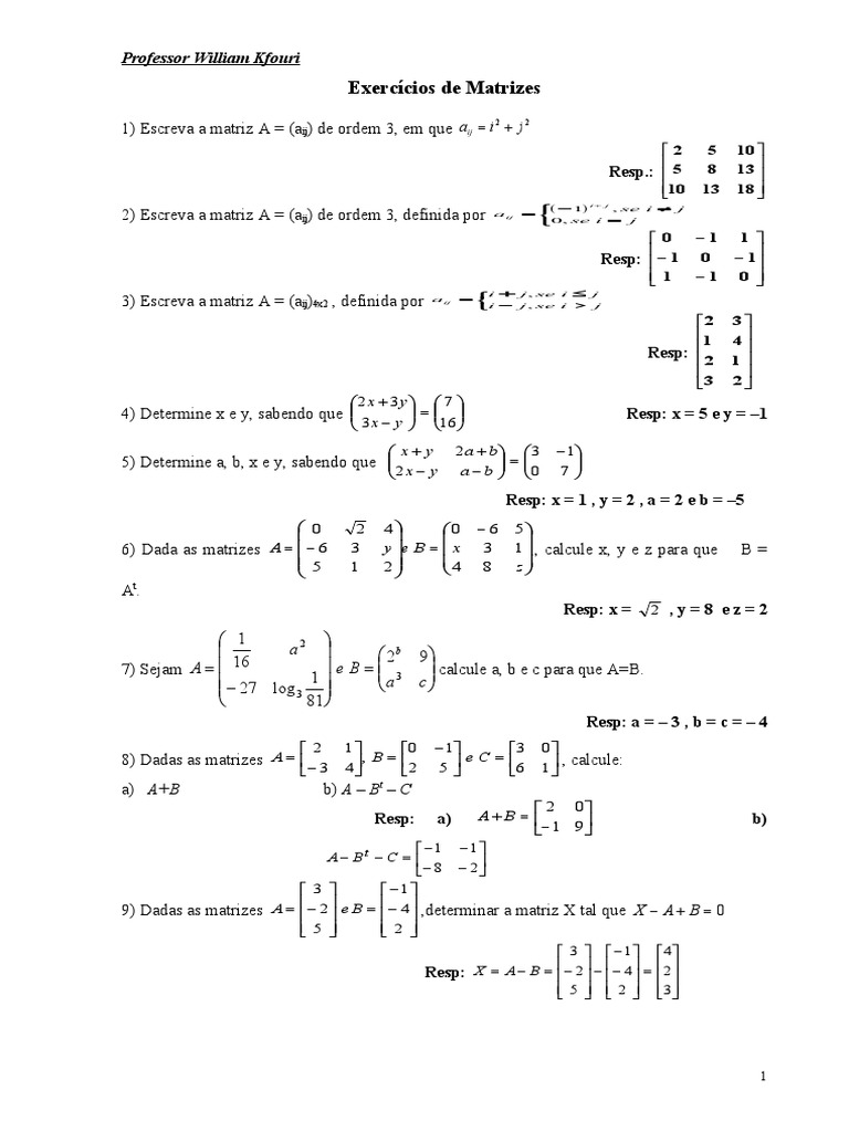 Exercicios de Matrizes | PDF | Matriz (Matemática) | Física Teórica